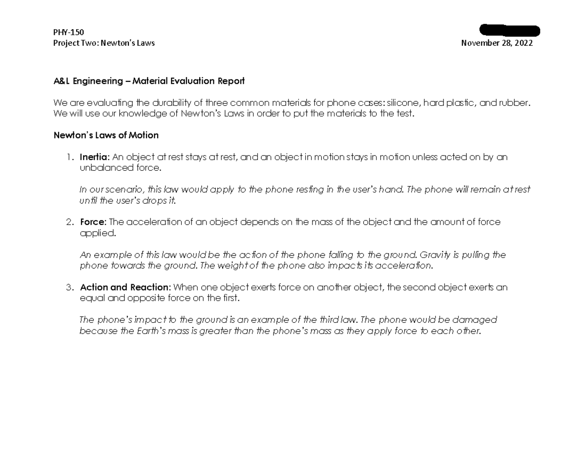 PHY-150 Project 2: Evaluating Materials with Newton’s Laws - Studocu