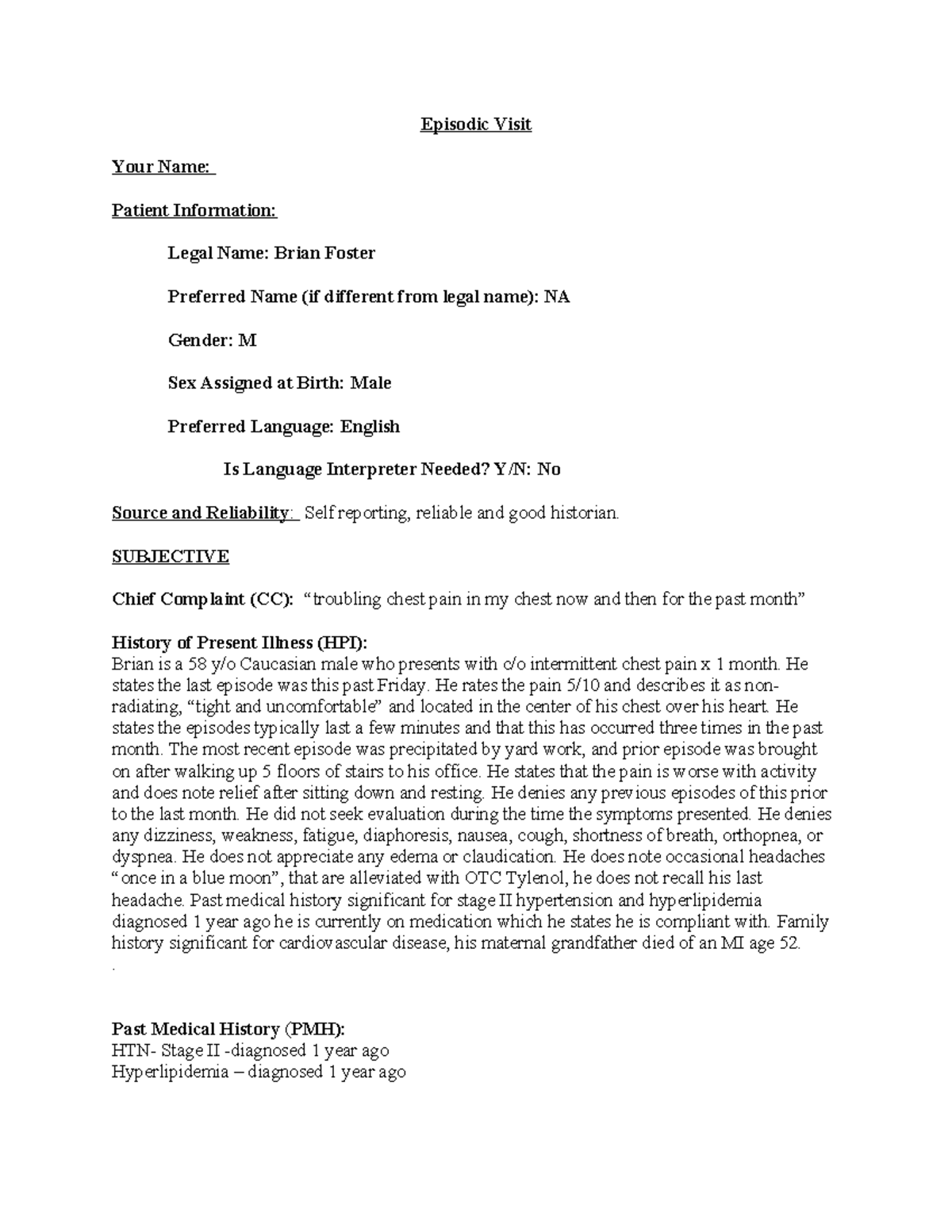Chest Pain Assessment SOAP Note for Brian Foster - 58 y/o Male - Studocu