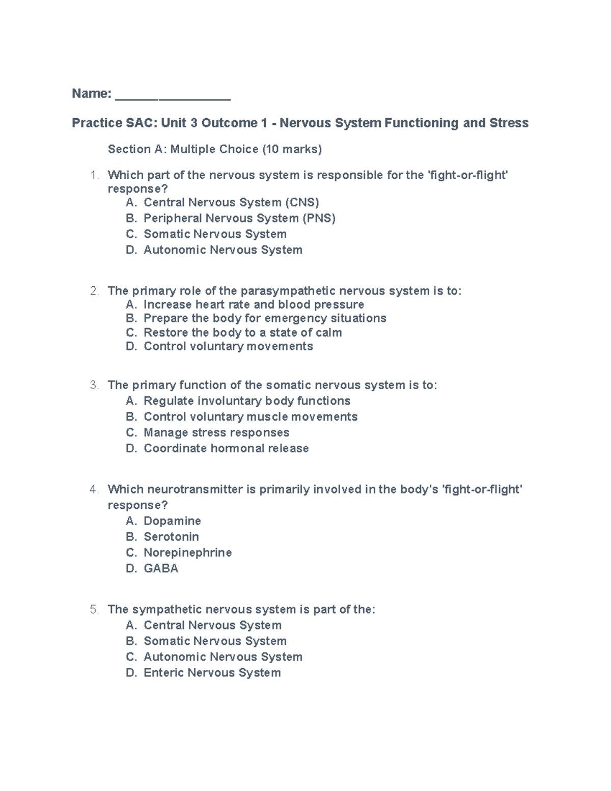 Practice SAC Unit 3 Outcome 1 - Nervous System Functioning and Stress ...