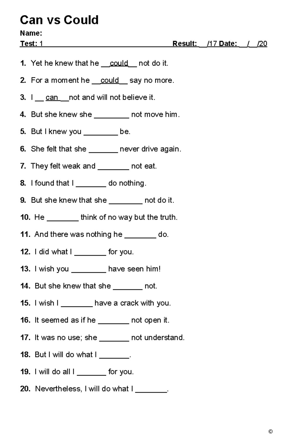Can Could - english - Can vs Could Name: Test: 1 Result: __/17 Date ...