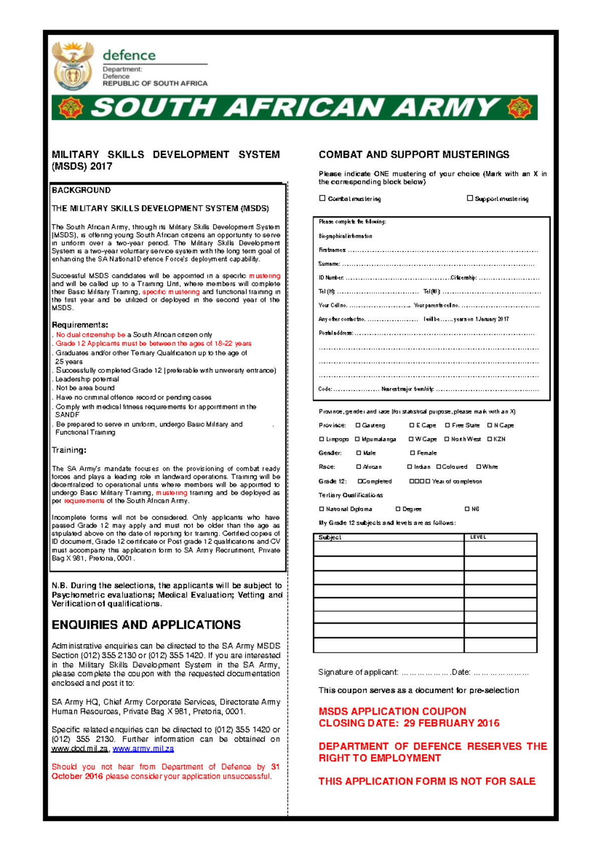 Application ARMY - Practical notes - MILITARY SKILLS DEVELOPMENT SYSTEM ...