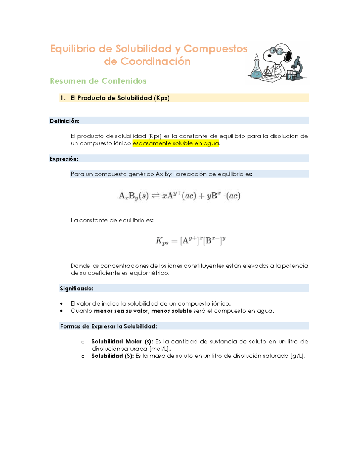 Resumen de Equilibrio de Solubilidad y Compuestos de Coordinación - Studocu