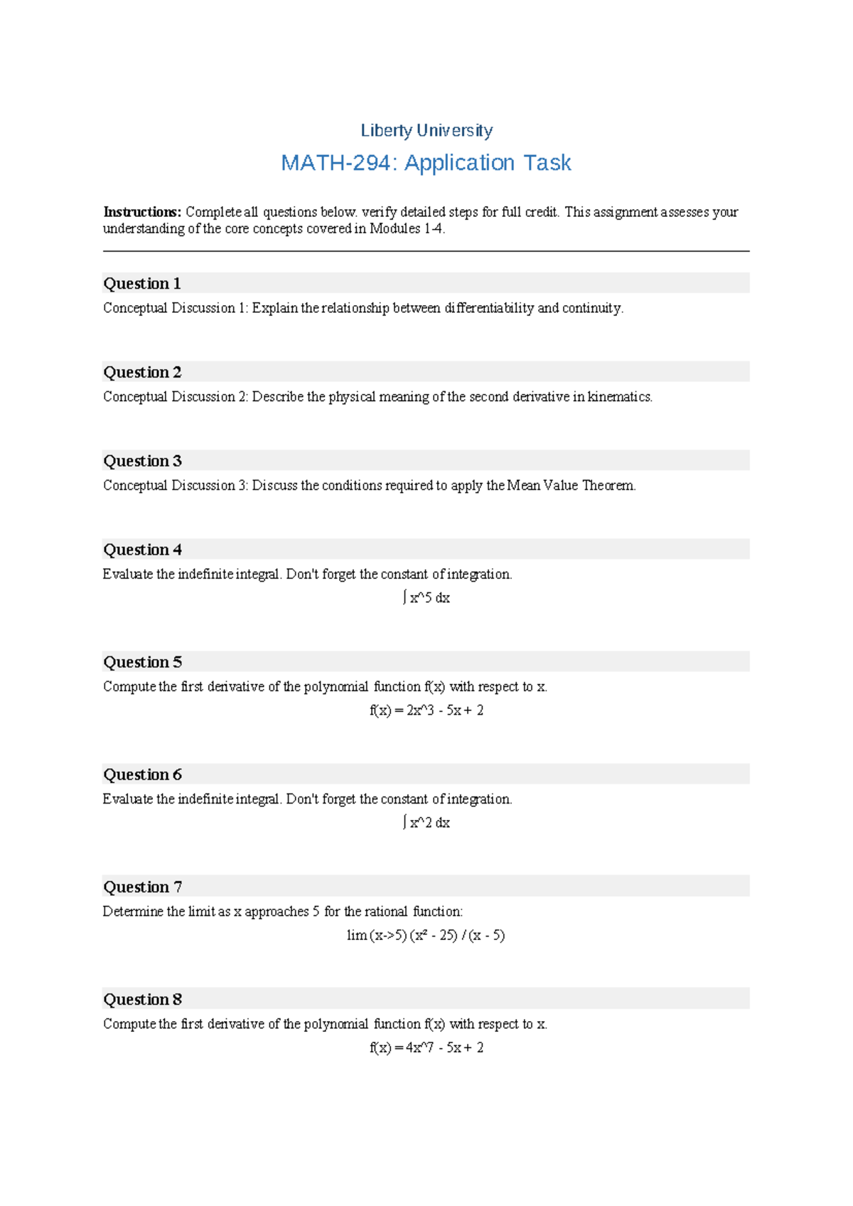 Calculus Application Task Instructions: Core Concepts Review 58262535 ...