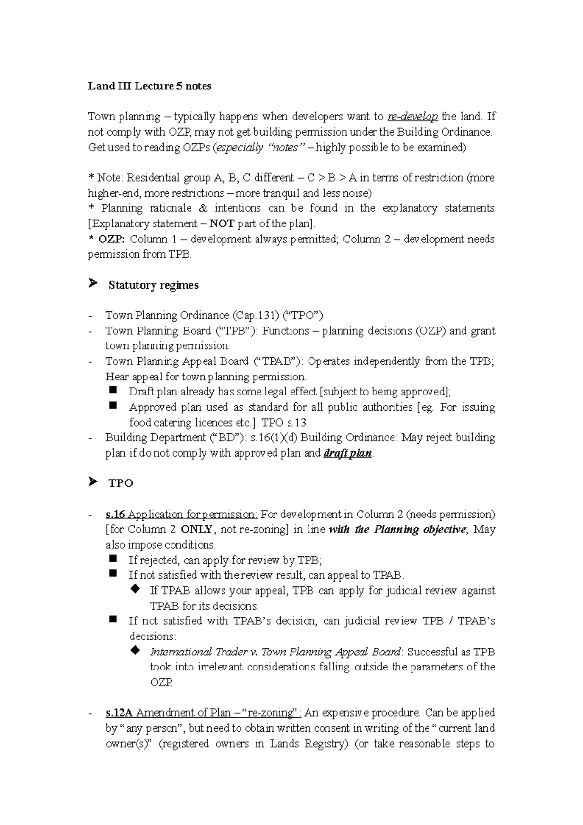 Land III Lecture 5: Town Planning & Statutory Regimes Overview - Studocu