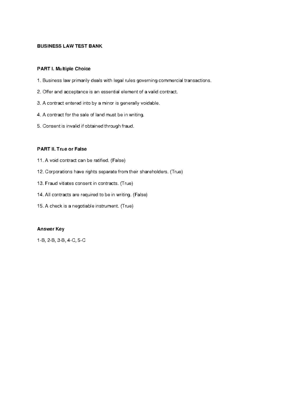 BUSINESS LAW TEST BANK PART I: MCQs & T/F Questions - Studocu