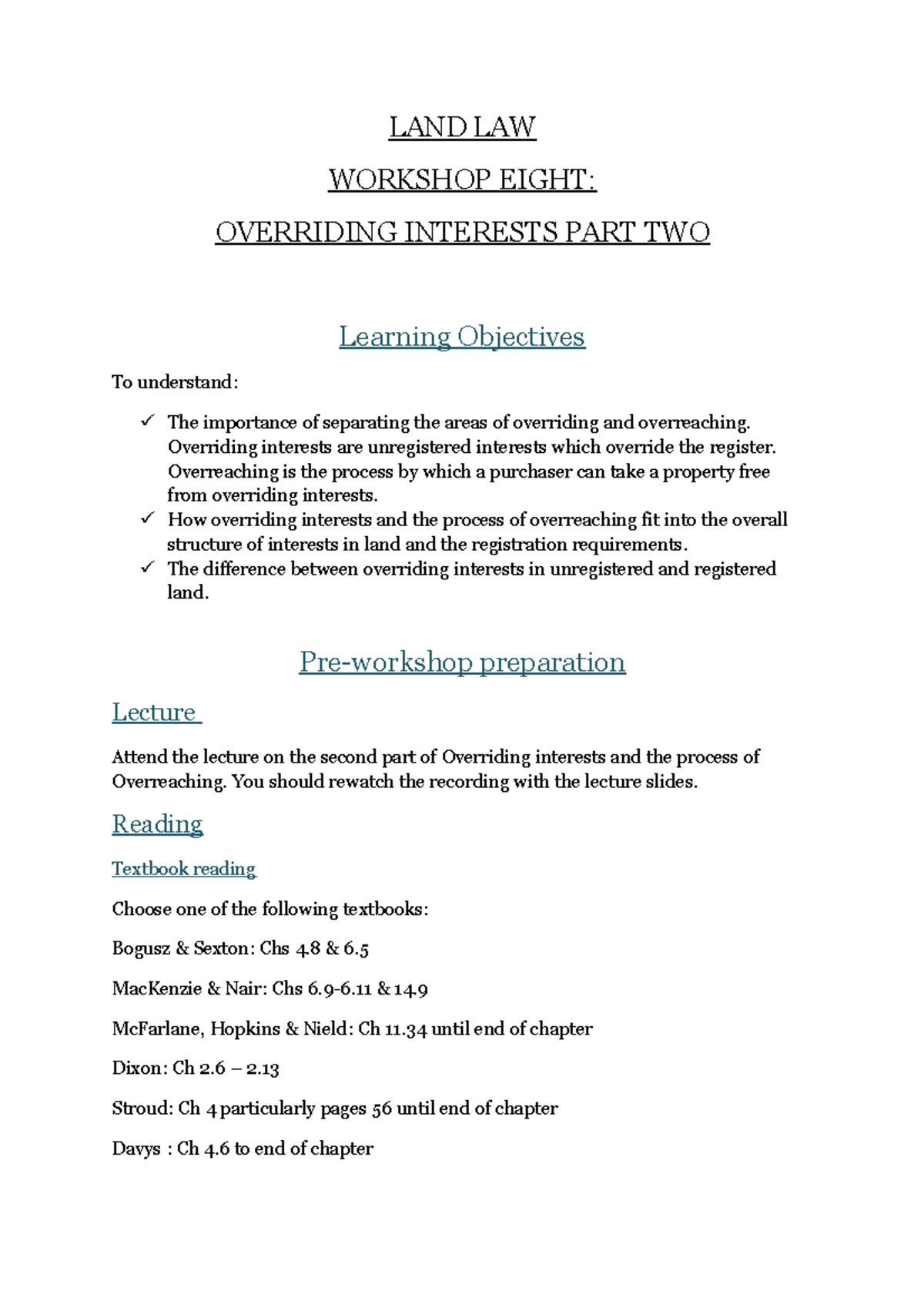 Land Law Workshop Overriding Interests part two Preparation and ...