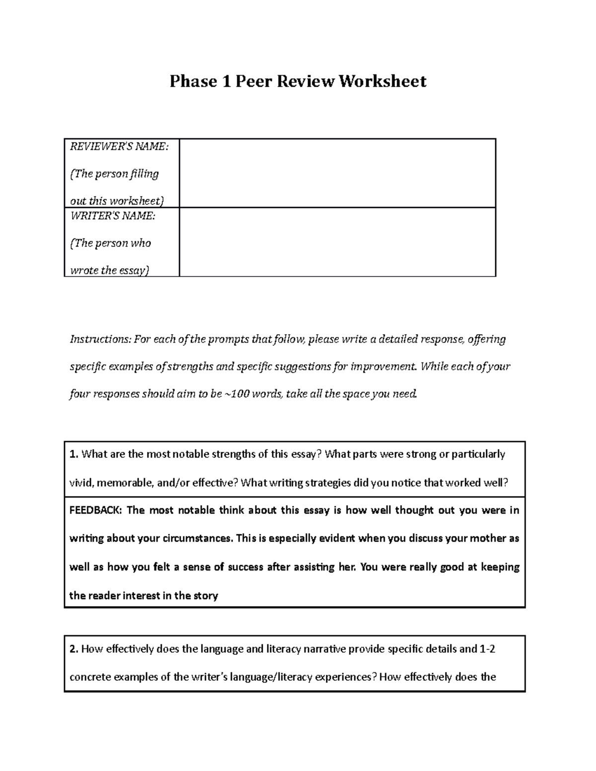 Phase 1 Peer Review Worksheet, Freshman Composition ENGL 11000 B2[10555 ...