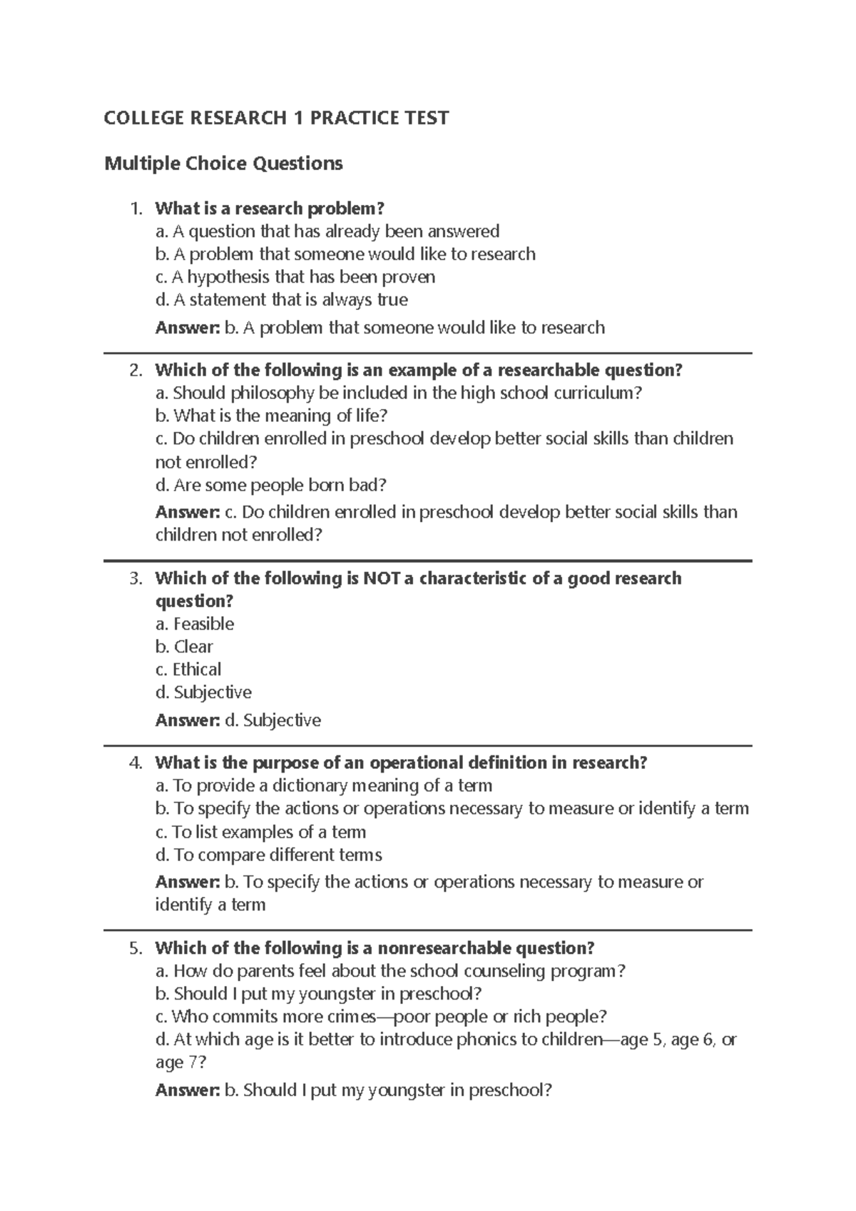 College Research 1 Practice TEST 2 - COLLEGE RESEARCH 1 PRACTICE TEST ...