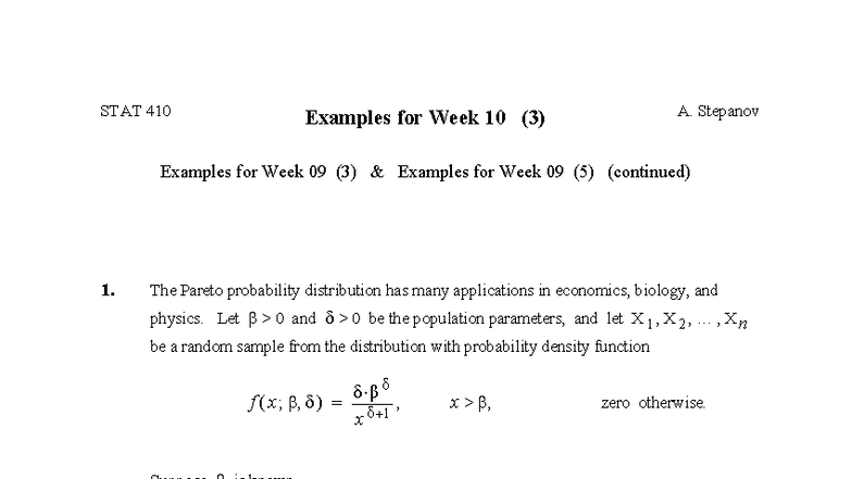 STAT 410 A: Week 10 Exercise Problems on Pareto Distribution - Studocu