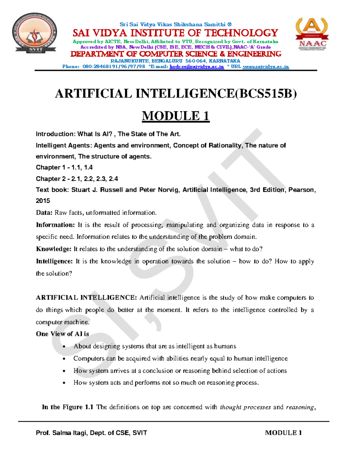 AI Module 1 - Introduction to Artificial Intelligence (BCS515B) Notes ...