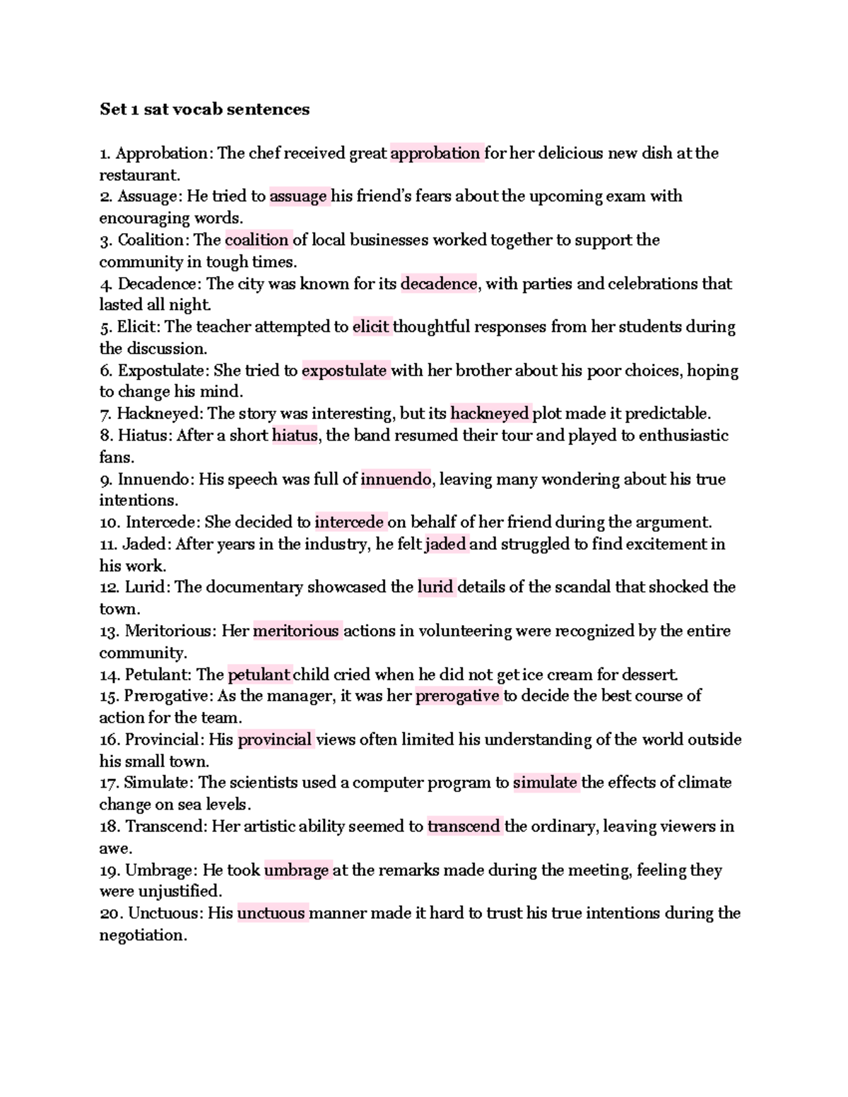 Set 1 SAT Vocab Words in Context: Sentences Explained - Studocu