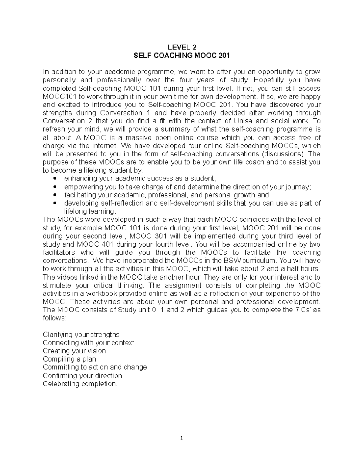 Self-Coaching MOOC 201 (002) for BSW2605: Level 2 Guide and Activities - Studocu