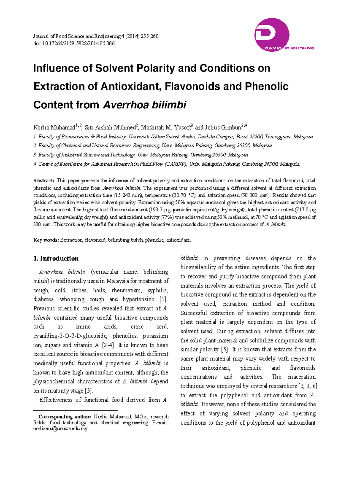 Influence of Solvent Polarity on Antioxidant Extraction from A. bilimbi ...