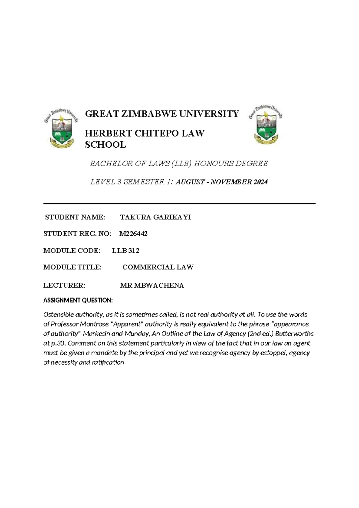 LLB 312 Commercial Law: Understanding Ostensible Authority in Agency ...