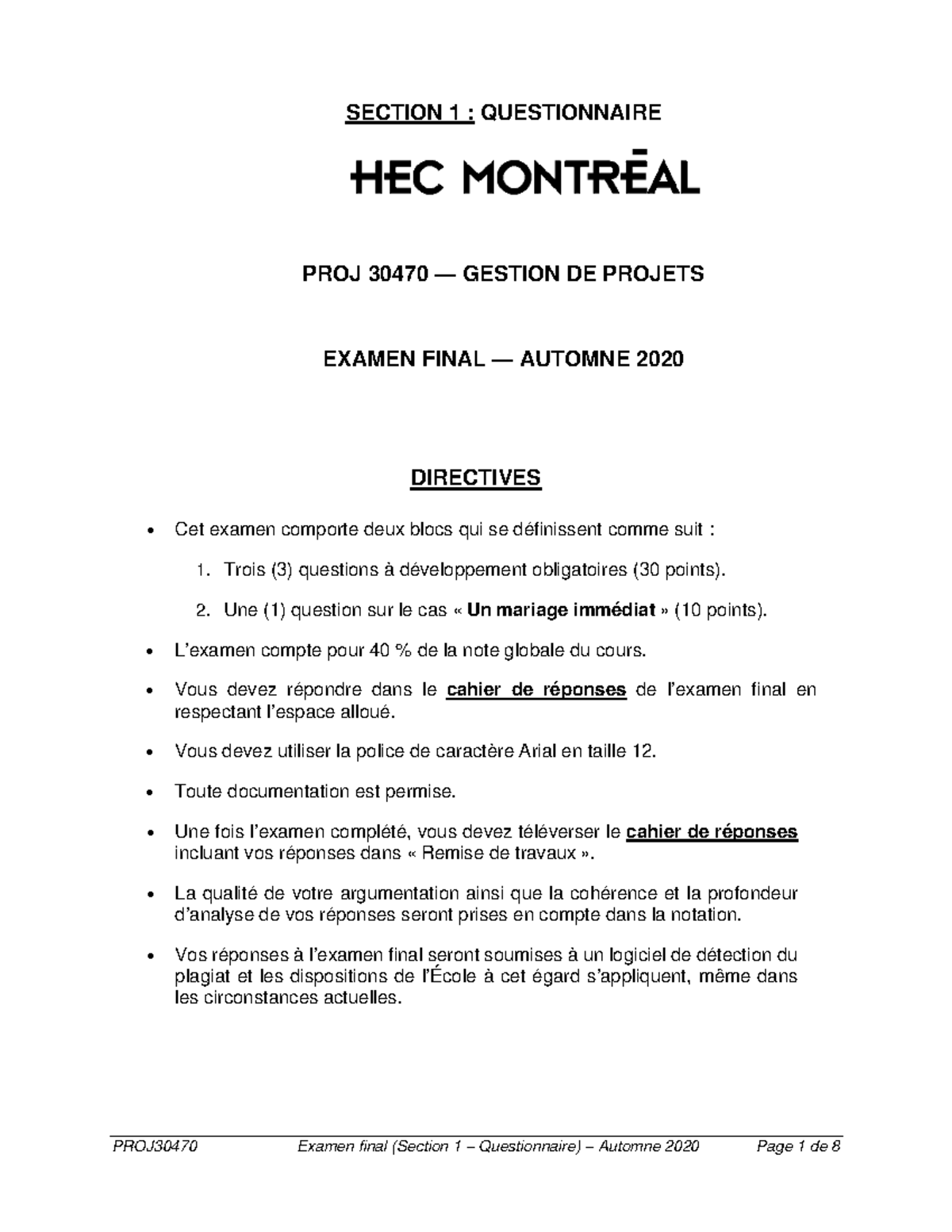 Examen final PROJ 30470 - Gestion de Projets Automne 2020 - Studocu