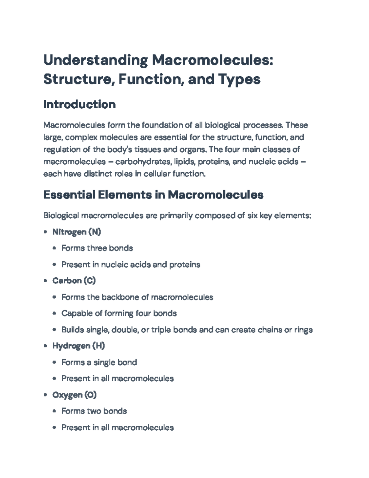Understanding Macromolecules: Structure, Function, and Types - Biology - Understanding - Studocu