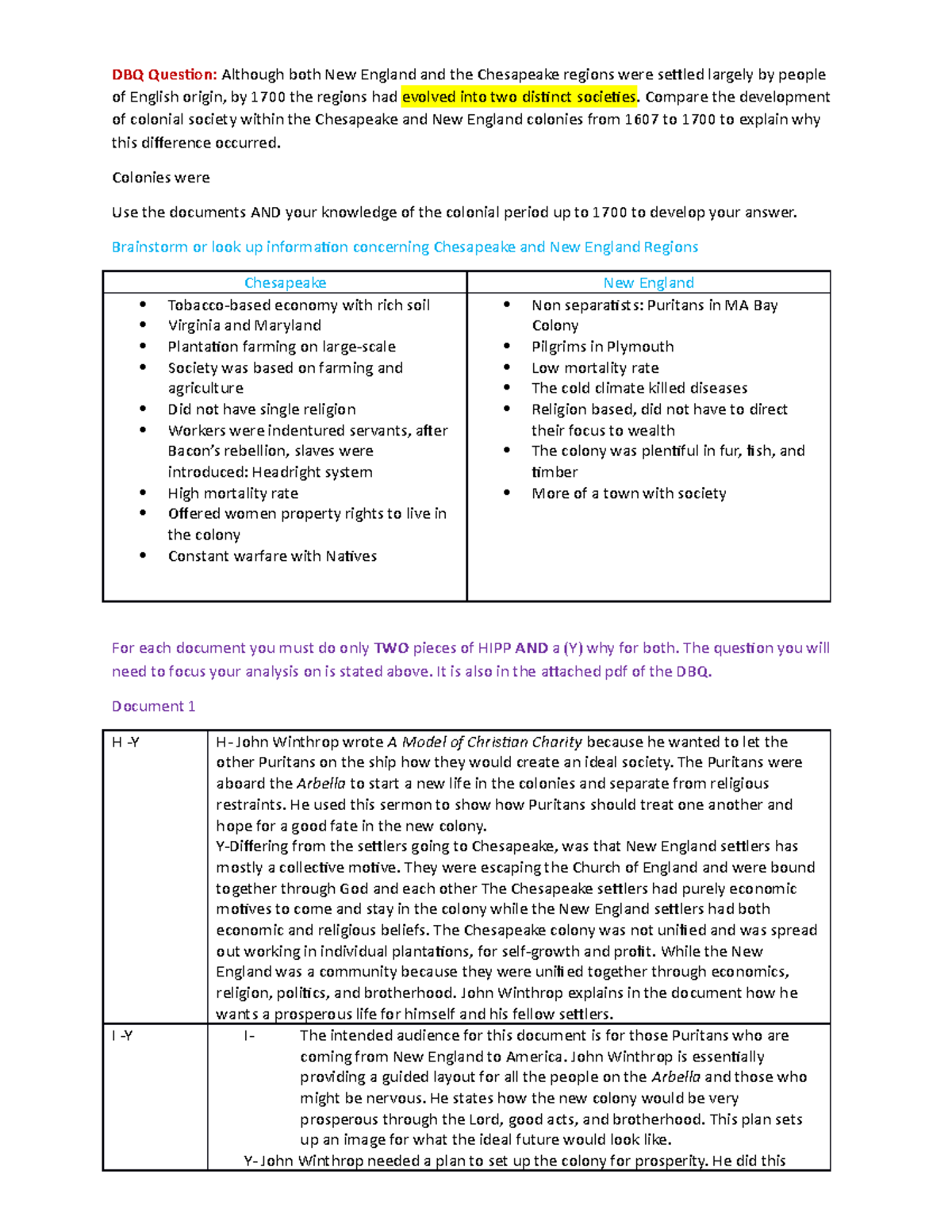 Chesapeake v. NE DBQ Analysis Worksheet for APUSH (1607-1700) - Studocu