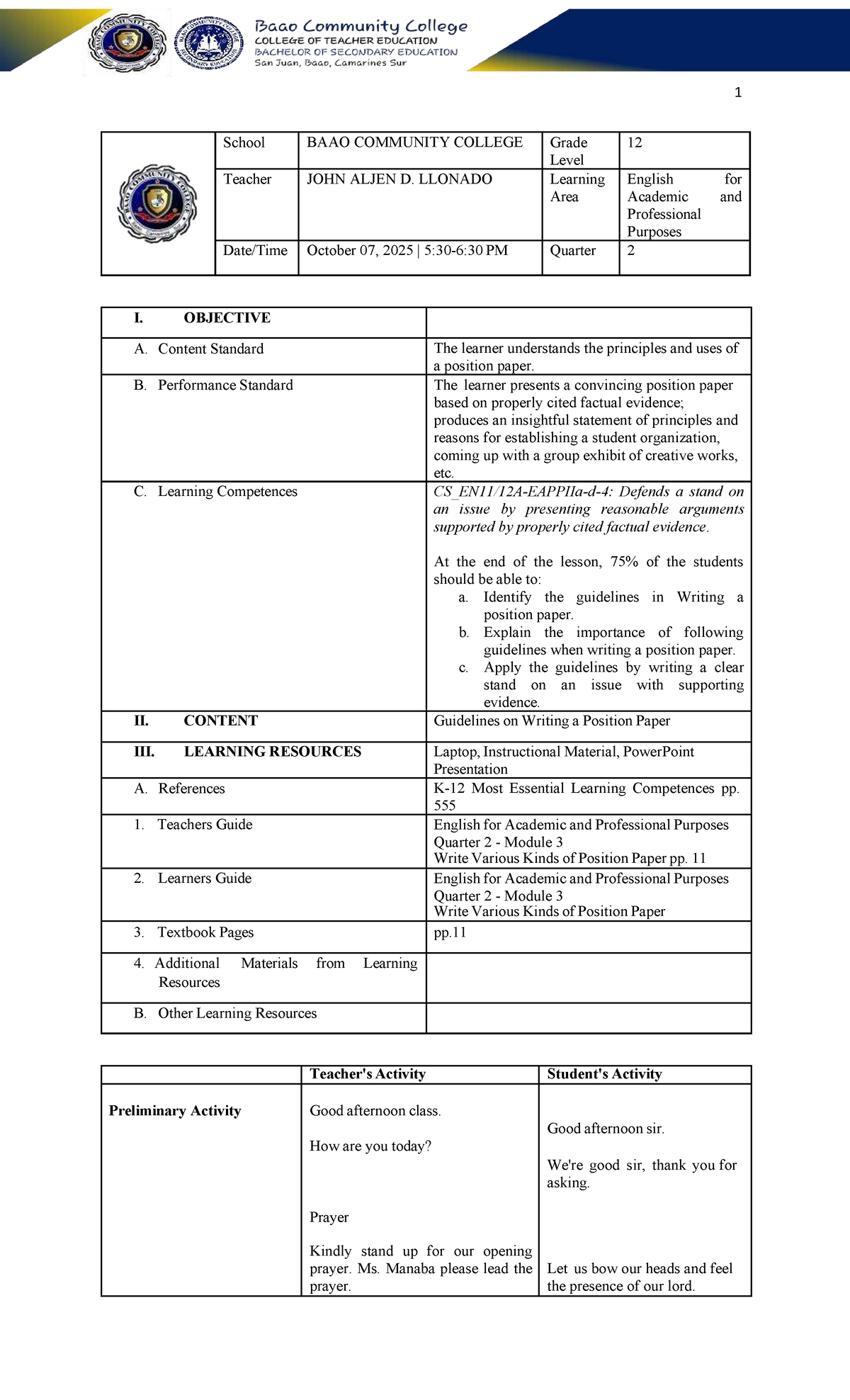 Final DLP Guidelines on Writing a Position Paper (ENG 12) - Studocu