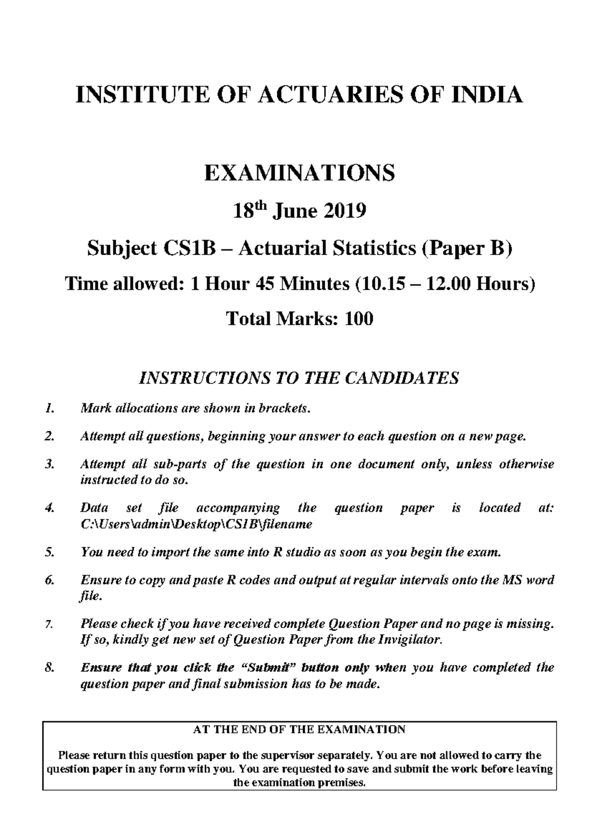 Q CS1B 0619 - Exam Paper & Data Analysis Instructions - Studocu