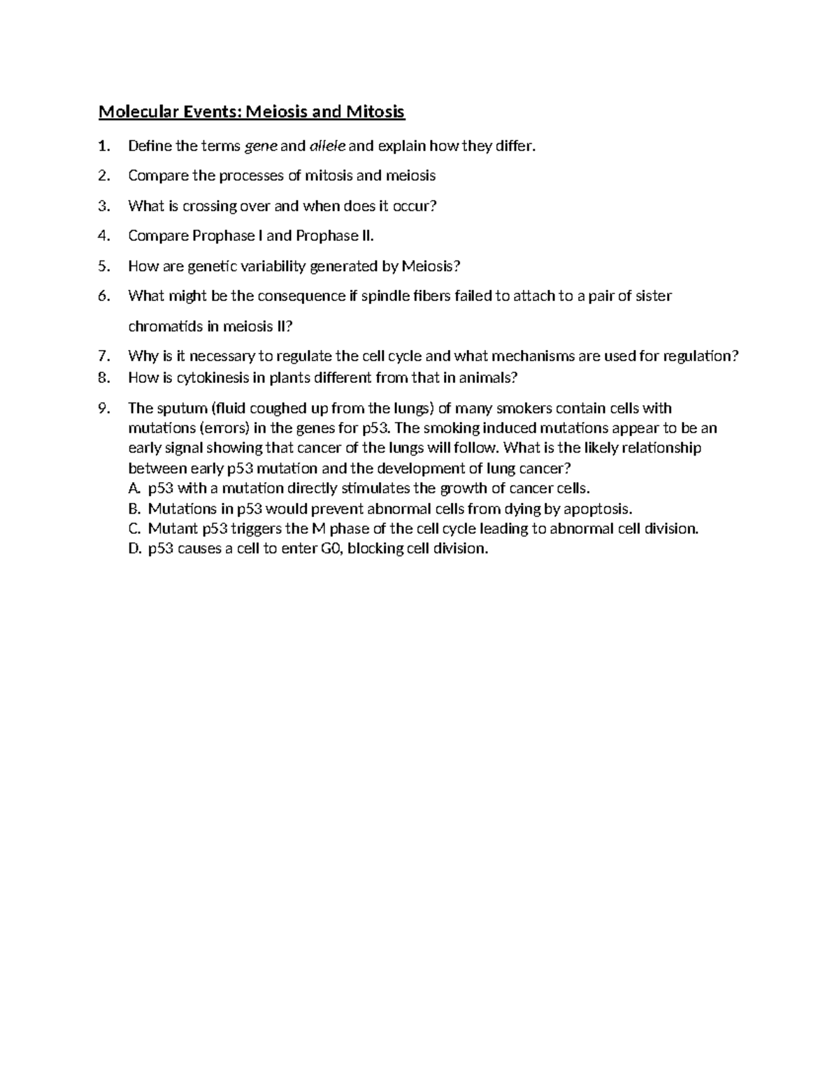 Molecular Events: Meiosis and Mitosis Study Guide 2022-23 - Studocu