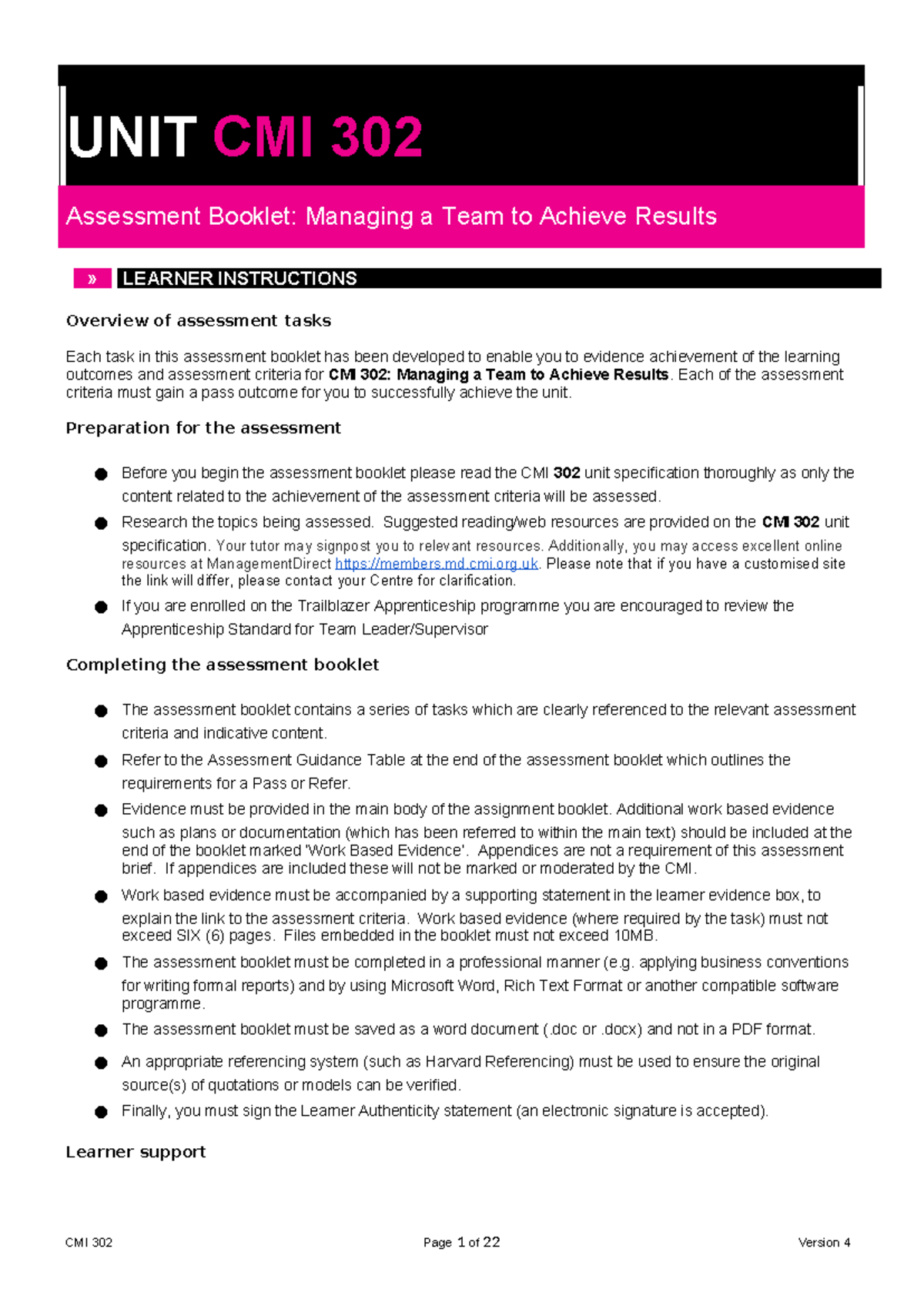 Unit CMI 302 Assessment Booklet: Managing Teams for Success - Studocu
