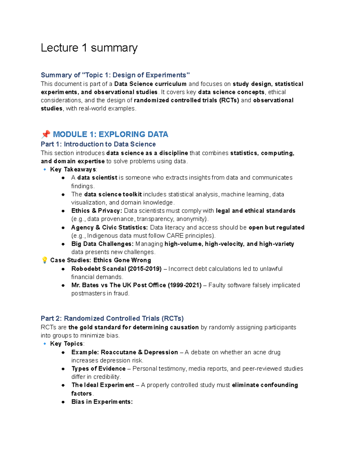 Lecture 1 summary - Lecture 1 summary Summary of "Topic 1: Design of ...