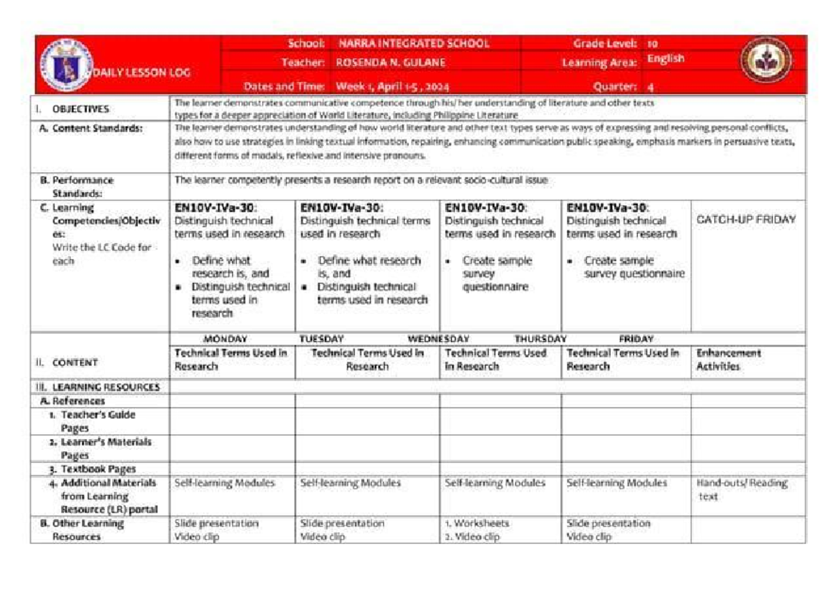 ENG 10: Daily Lesson Log on World Literature and Research Techniques ...