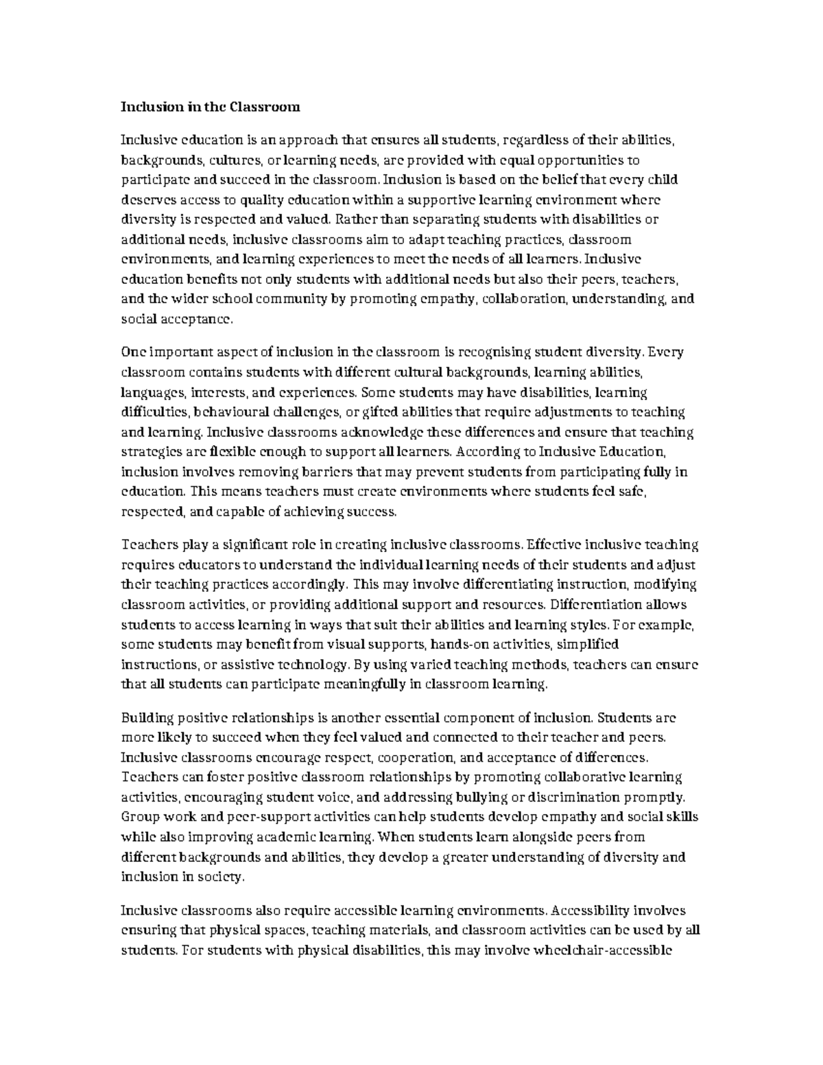 Essay 1 - Dom - Report on Inclusion in the Classroom - Studocu