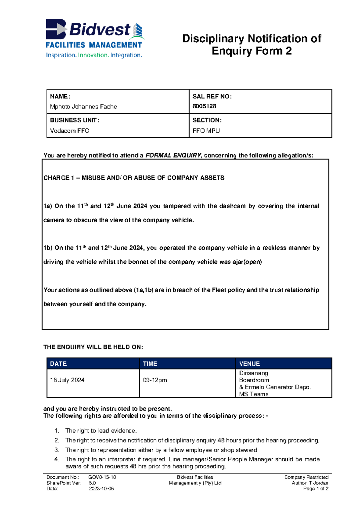 Disciplinary Enquiry Notice for Mphoto Fache - GOV 0-15-10 - Studocu