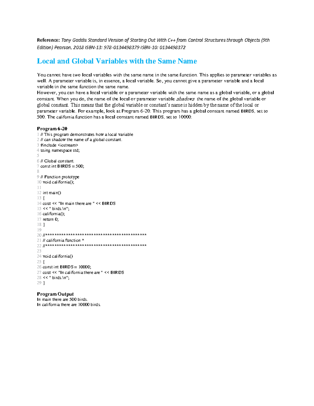Chapter 6 Programs: Local & Global Variables in C++ (CS101) - Studocu