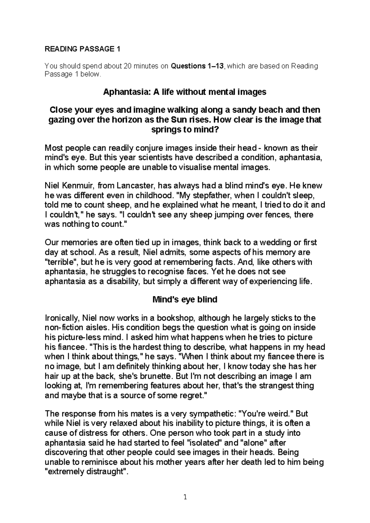 Reading Test 29 - Aphantasia and Its Implications - Studocu