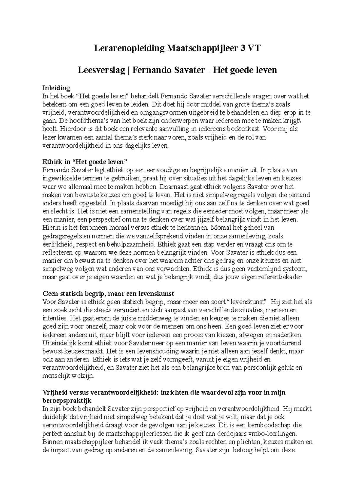 Lerarenopleiding Maatschappijleer 3 VT - Ethiek: Leesverslag Savater ...