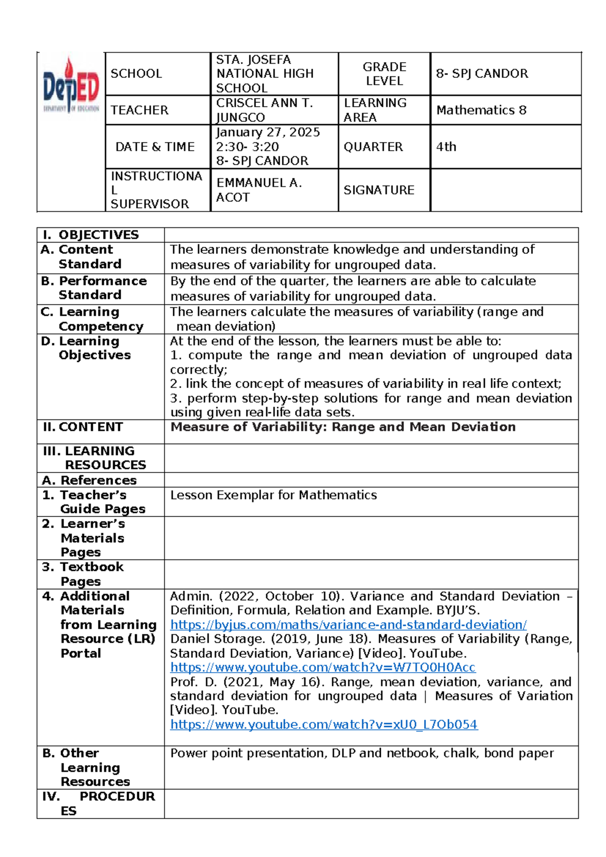 MATH 8 Lesson Plan: Measures of Variability - Range & Mean Deviation - Studocu
