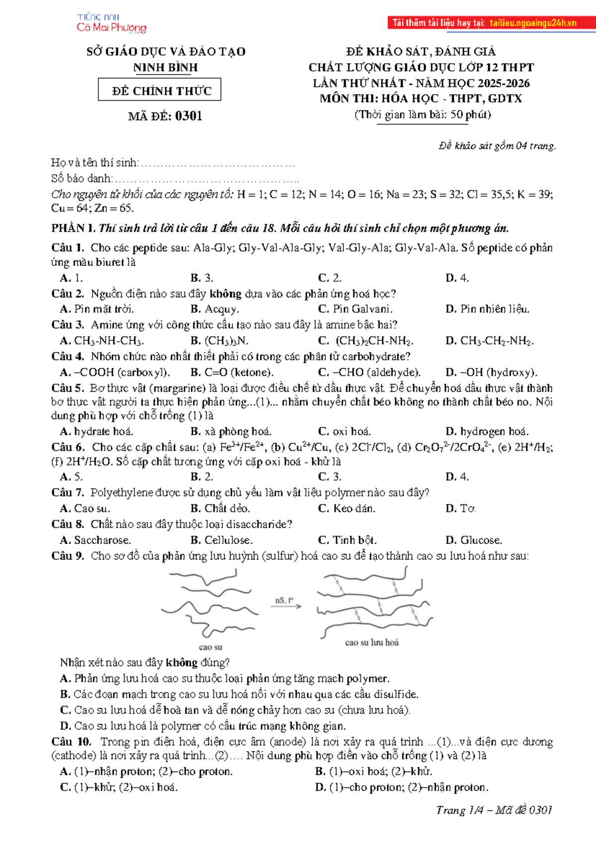 Đề Khảo Sát Chất Lượng Giáo Dục Lớp 12 THPT Môn Hóa Học - Mã Đề 0301 ...