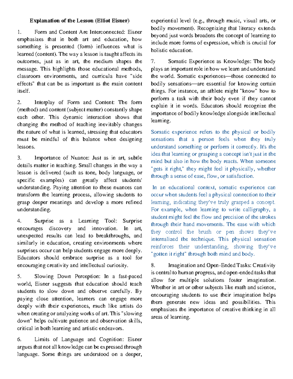 Elliot Eisner's Lesson Insights: Form, Content & Creativity - Studocu