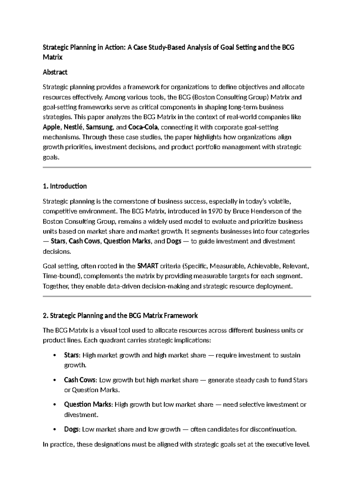Strategic Planning & BCG Matrix Case Study Analysis (BUS 301) - Studocu