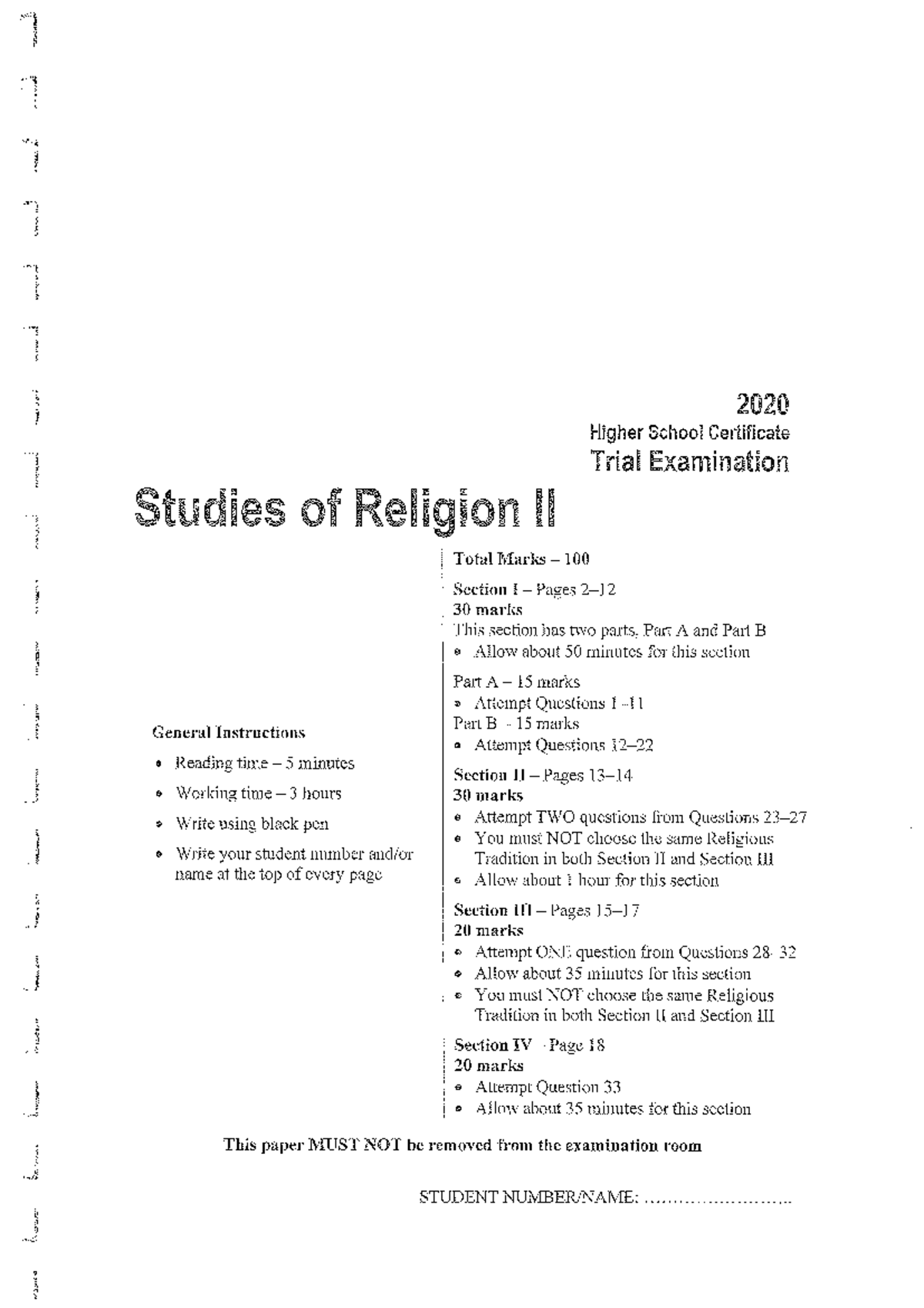 2020 HSC Trial Exam: Studies of Religion II - Total Marks 100 - Studocu