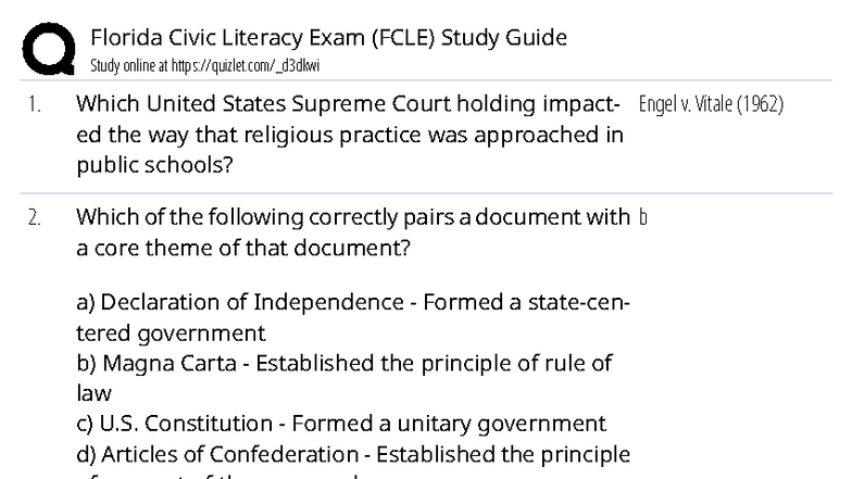 Florida Civic Literacy Exam (FCLE) Comprehensive Study Guide - Studocu