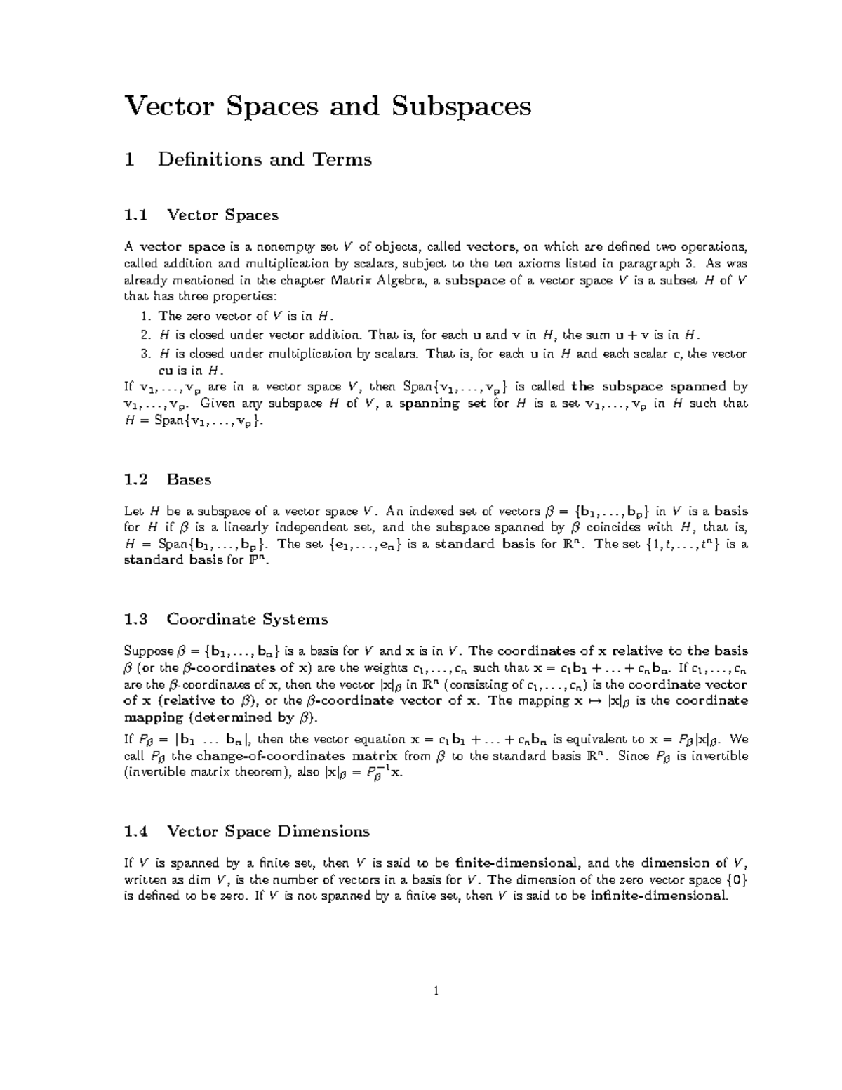 Vector Spaces and Subspaces: Definitions and Key Concepts - Studocu