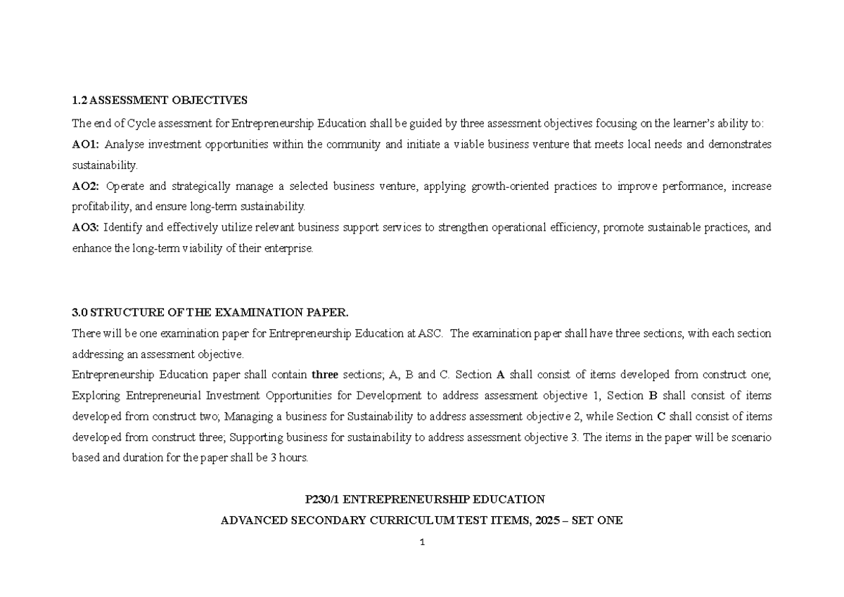 Entrepreneurship UACE Sample Paper: Assessment Objectives & Exam ...