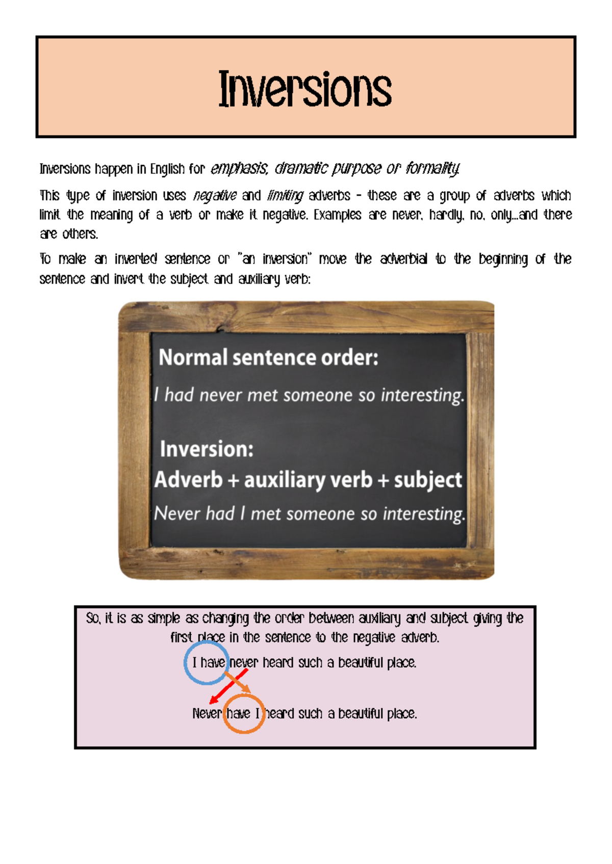 Inversions Worksheet 2: Understanding Negative Adverbs in English - Studocu