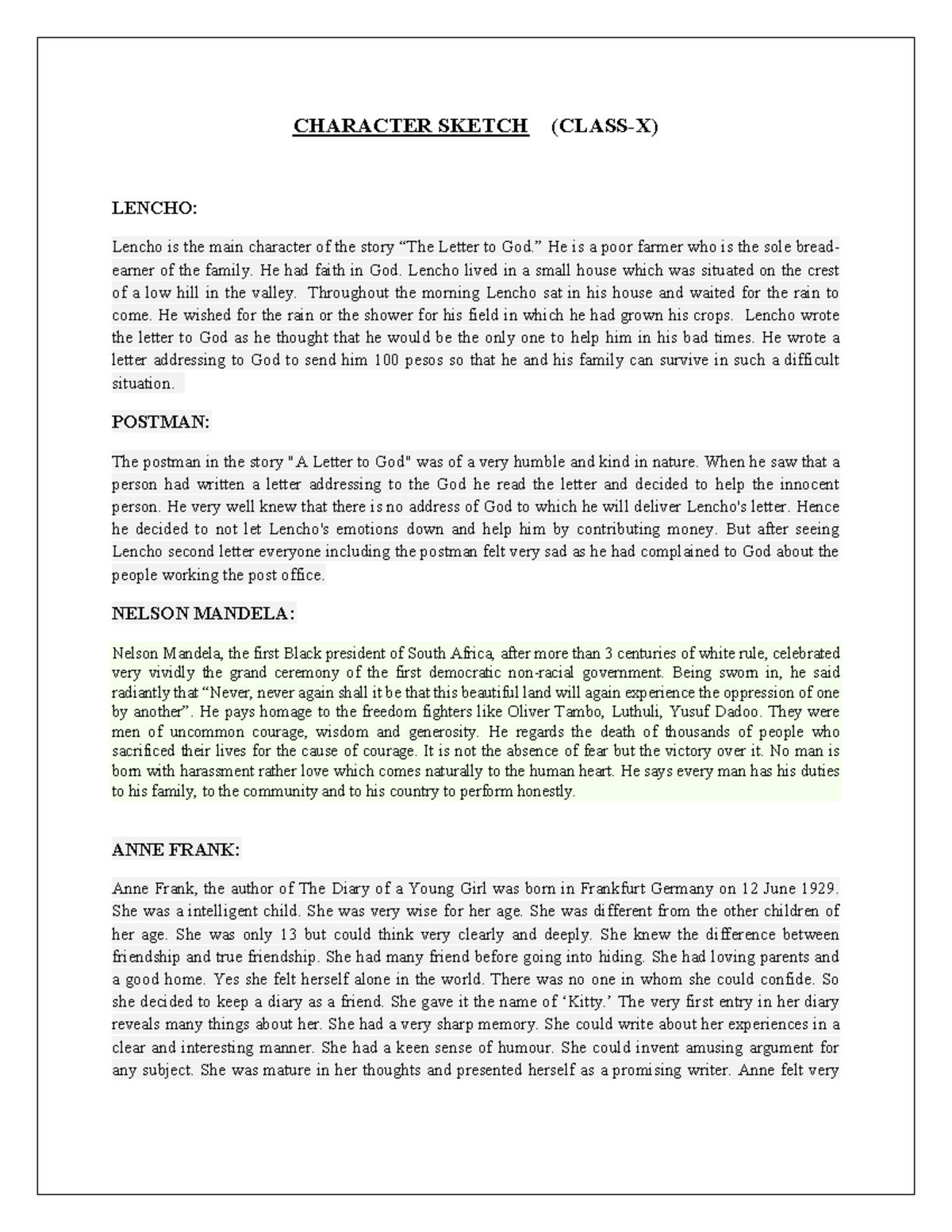 Character Sketches of Key Figures in Class X Literature (654994421 ...