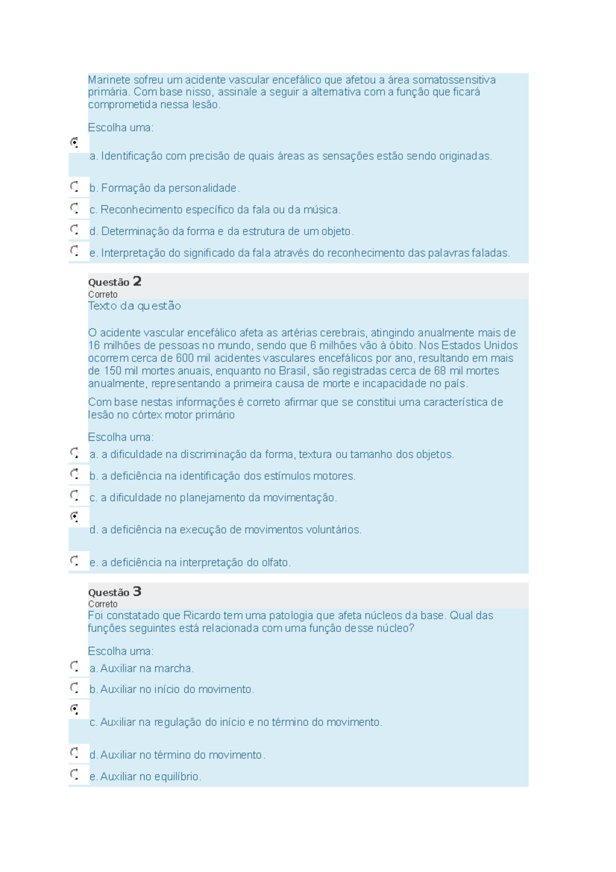 AVA Exercícios e Respostas sobre Acidente Vascular Encefálico e Neurologia - Studocu
