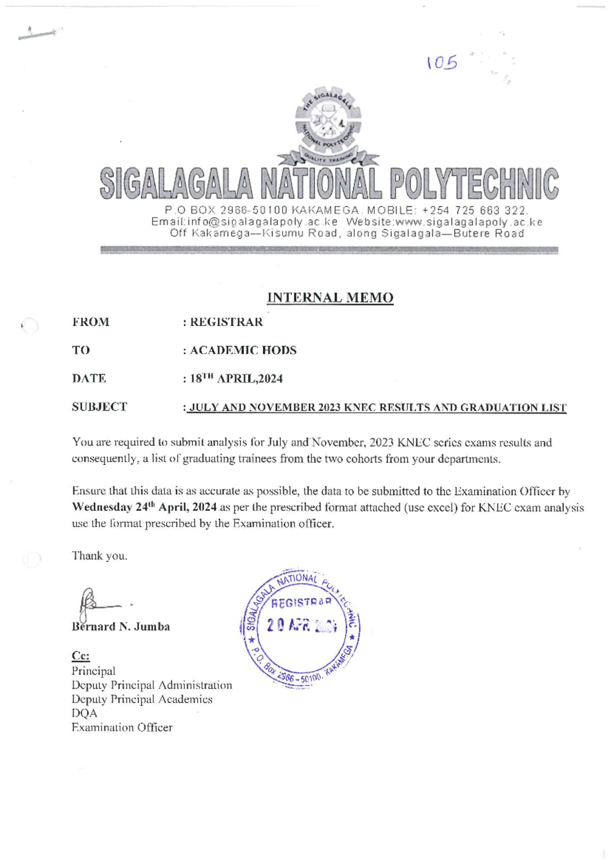 Internal Memo: KNEC 2023 Results & Graduation List Submission (April ...