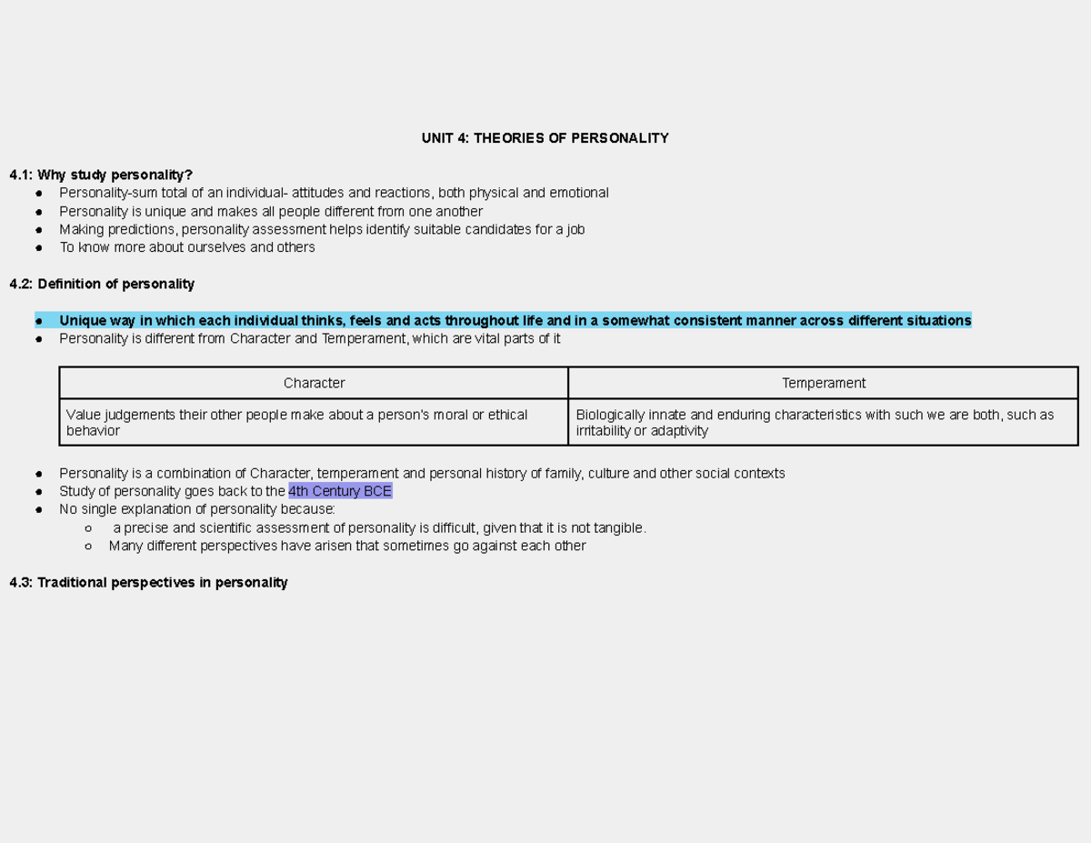 UNIT 4: Theories of Personality - Understanding Human Behavior - Studocu