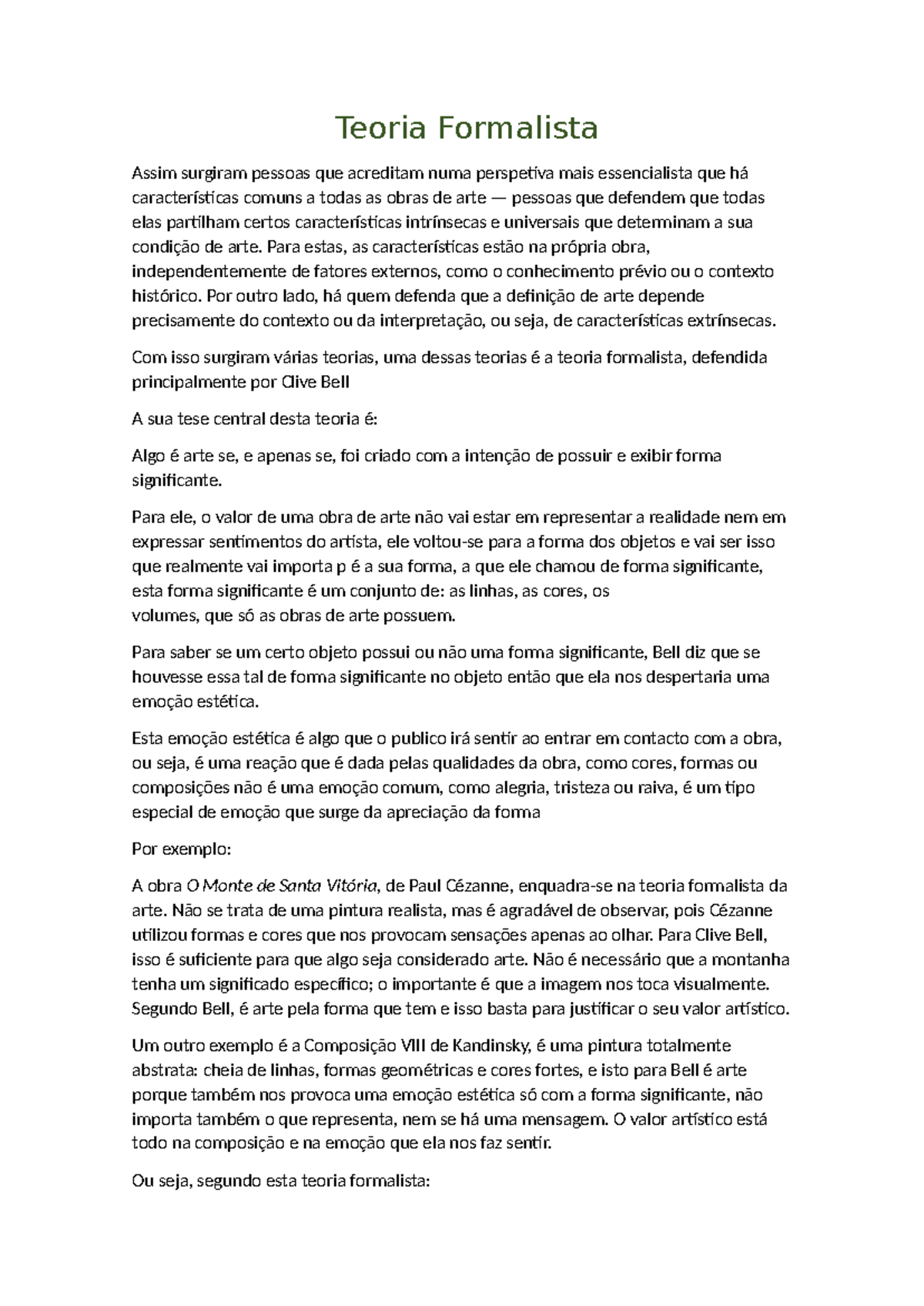 Teoria Formalista: A Emoção Estética na Arte e suas Formas - Studocu