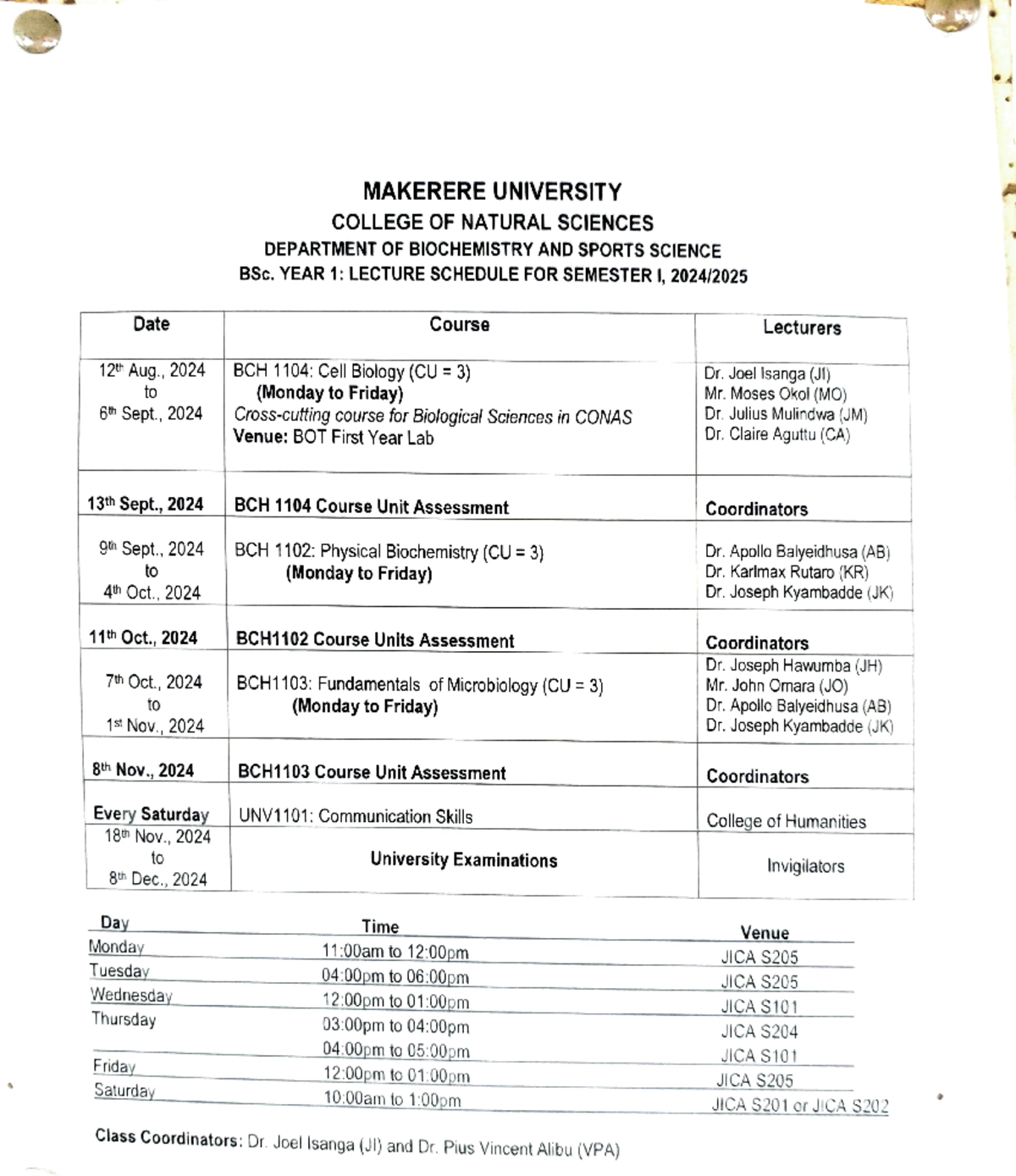 BCH 1104: BSc Year 1 Lecture Schedule & Timetable, 2024/2025 - Studocu