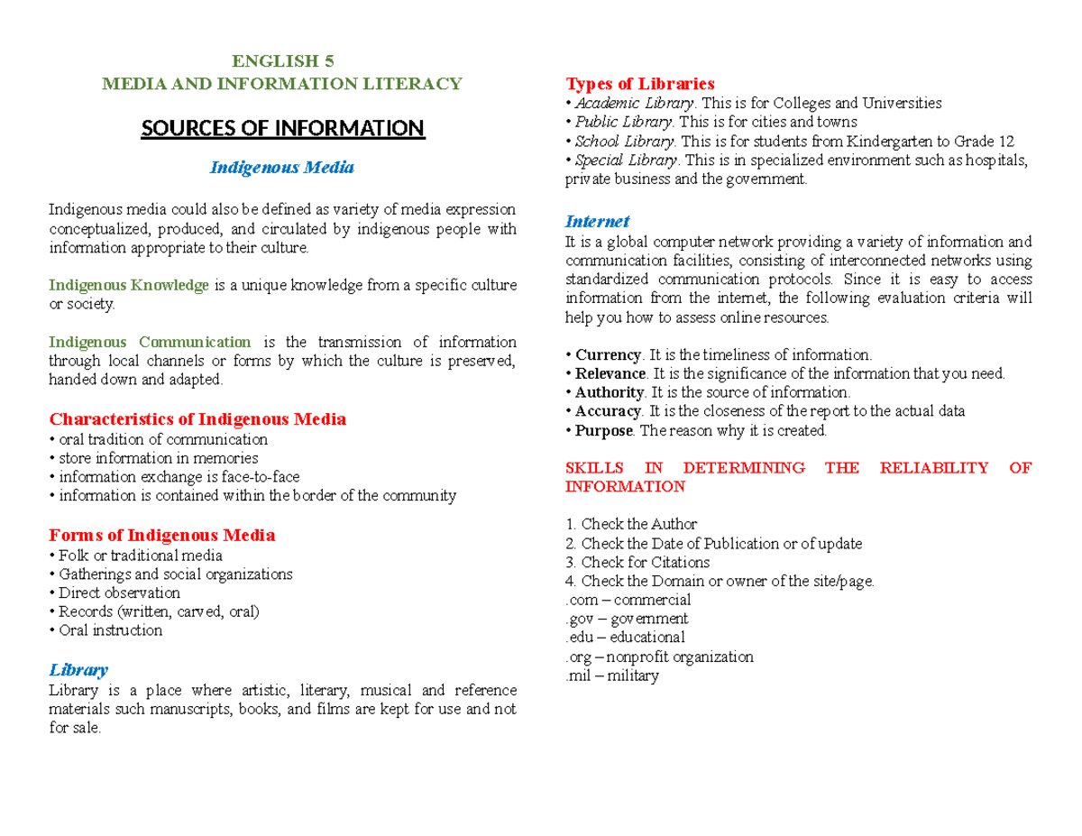 ENGLISH 5: Media & Info Literacy - Sources of Indigenous Media - Studocu