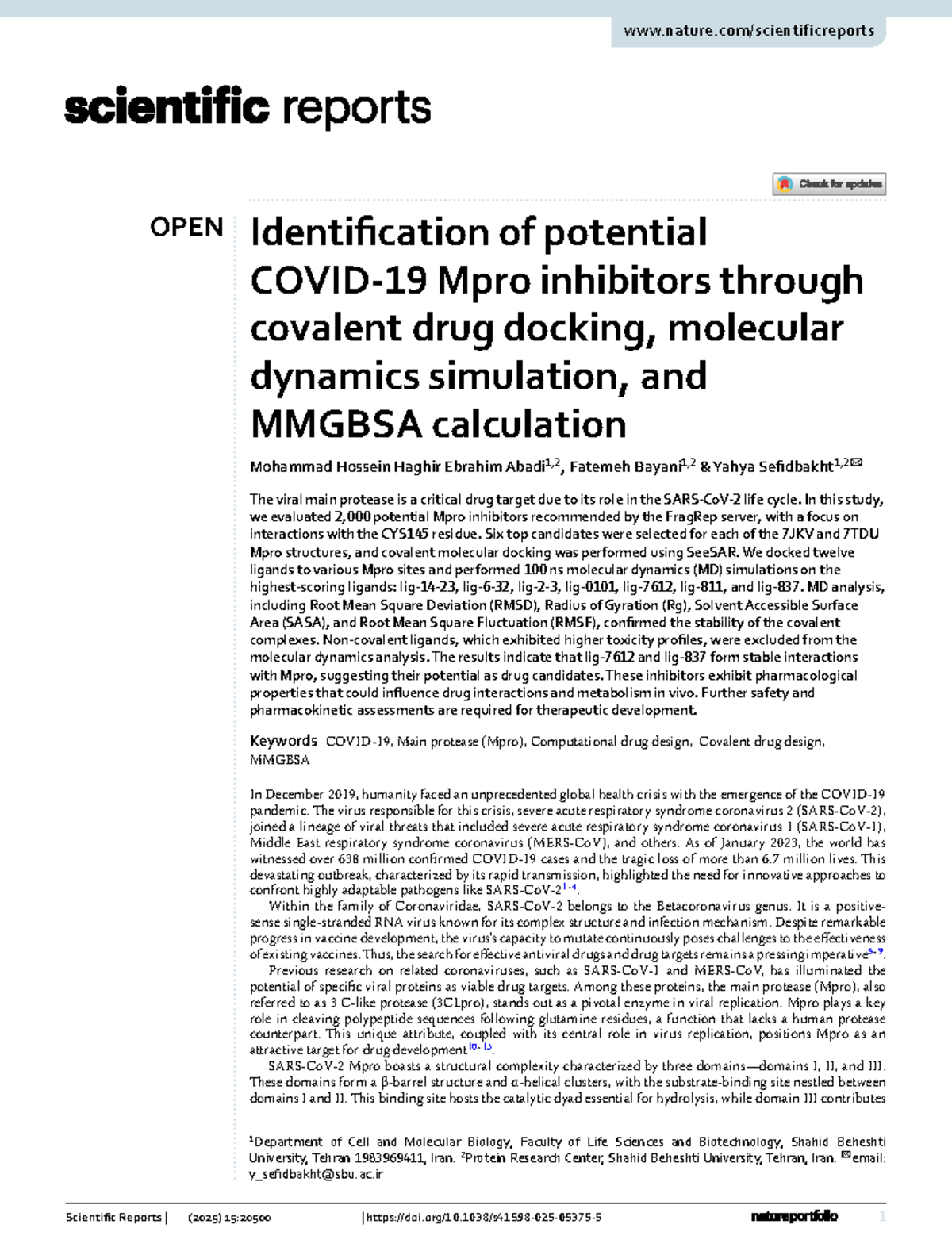 Identification of Potential Mpro Inhibitors: Covalent Docking & MD ...