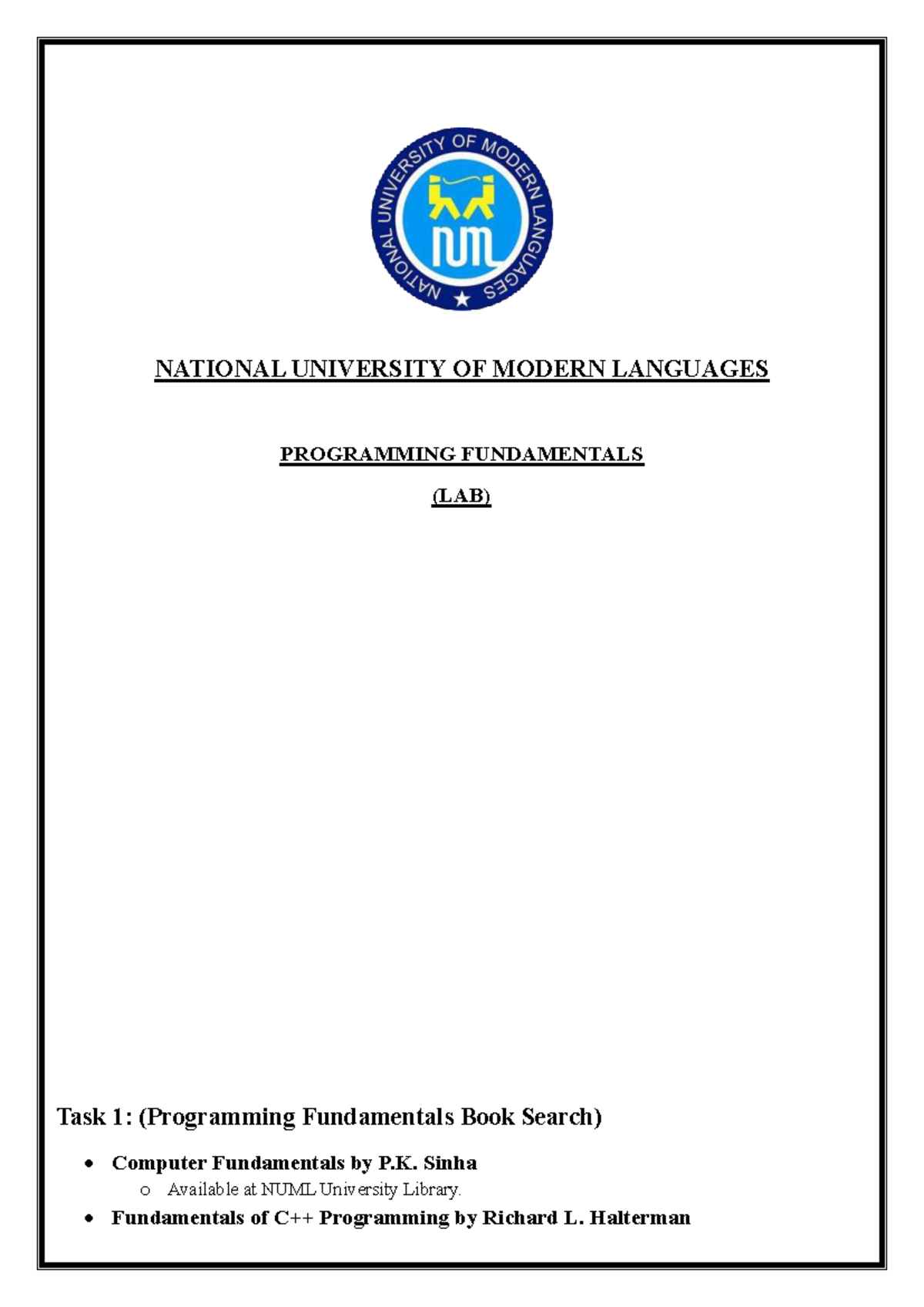 NUML Programming Fundamentals (LAB) Task 1: Book Search & Language Pros ...